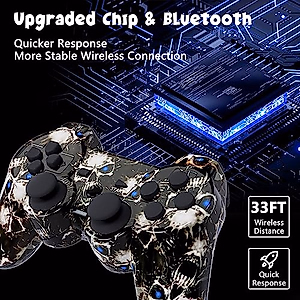 PS3 Controller Wireless, High Performance Controller with Upgraded Joystick for PlayStation 3, 2 USB Charging Cords (Red Star, Black Ghost)