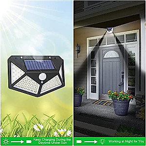 2 Pack Solar Lights Outdoor, Motion Sensor Solar Lights with 100 LED, Wireless Wall Lights, , 3 Lighting Modes and IP65 Waterproofed for Wall, Patio, Garden and Pathway Safety Lighting.