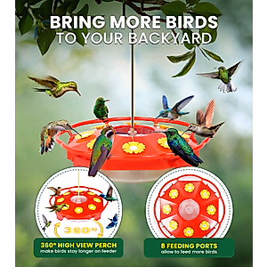 Hummingbird Feeders for Outdoors Hanging, 8 Feeding Ports for Attract More Hummingbirds, Ant & Bee Proof, No Leak Humming Bird Feeder Outside, Easy to Clean and Fill Plastic Saucer Feeder 12Oz