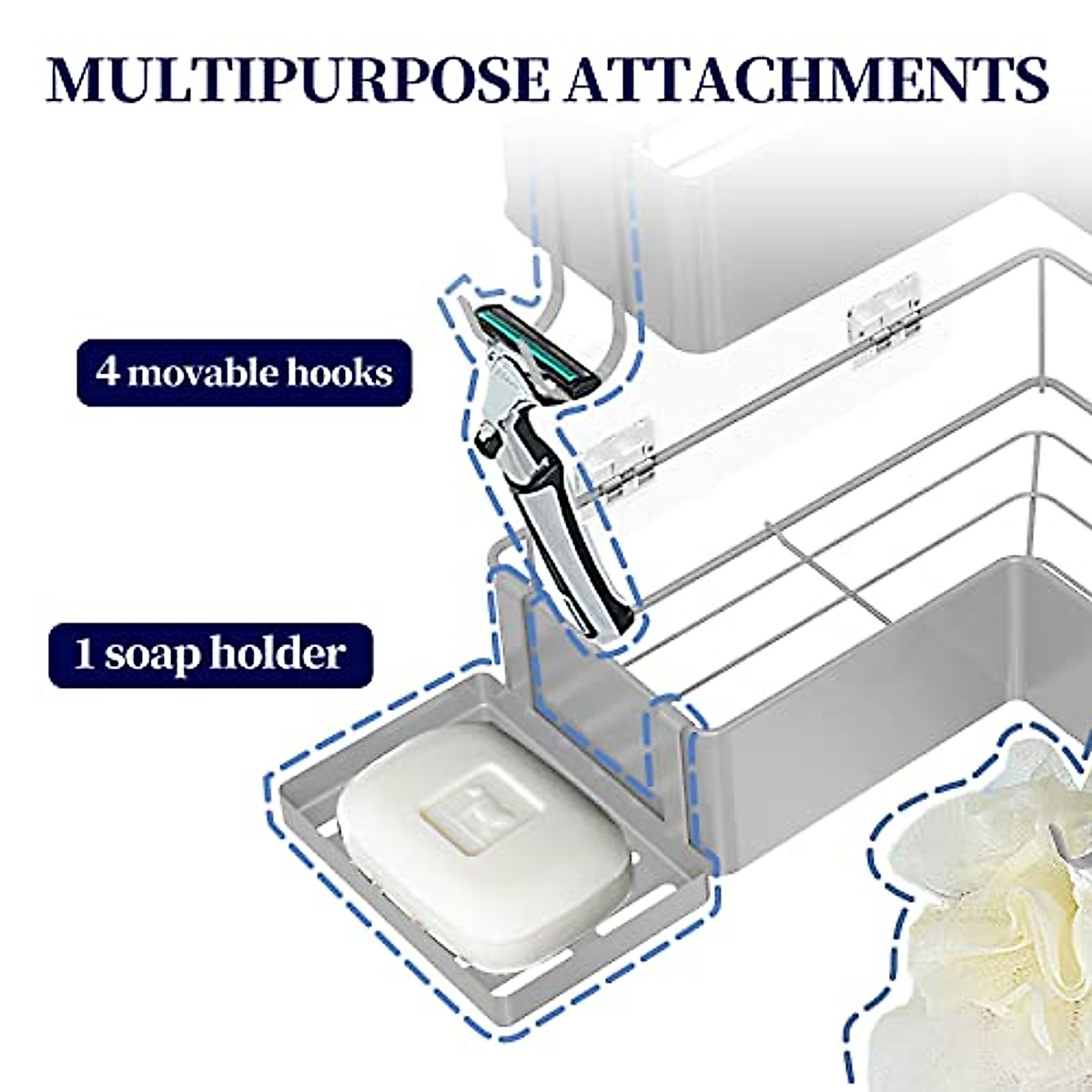 Kitsure Corner Shower Caddy - 2 Pack Rustproof Shower Organizer, Durable Shower Shelves with Large Capacity, Drill-Free Adhesive Shower Rack with 4 Movable Hooks, a Soap Holder, Silver