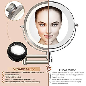 Rechargeable Wall Mounted Lighted Makeup Mirror, 8" Large 1X/10X Magnifying Vanity Mirror with 3 Color Lights, 17 Inch Extendable Bathroom Mirror Nickel, Dimmable 360° Swivel Shaving Light up Mirror