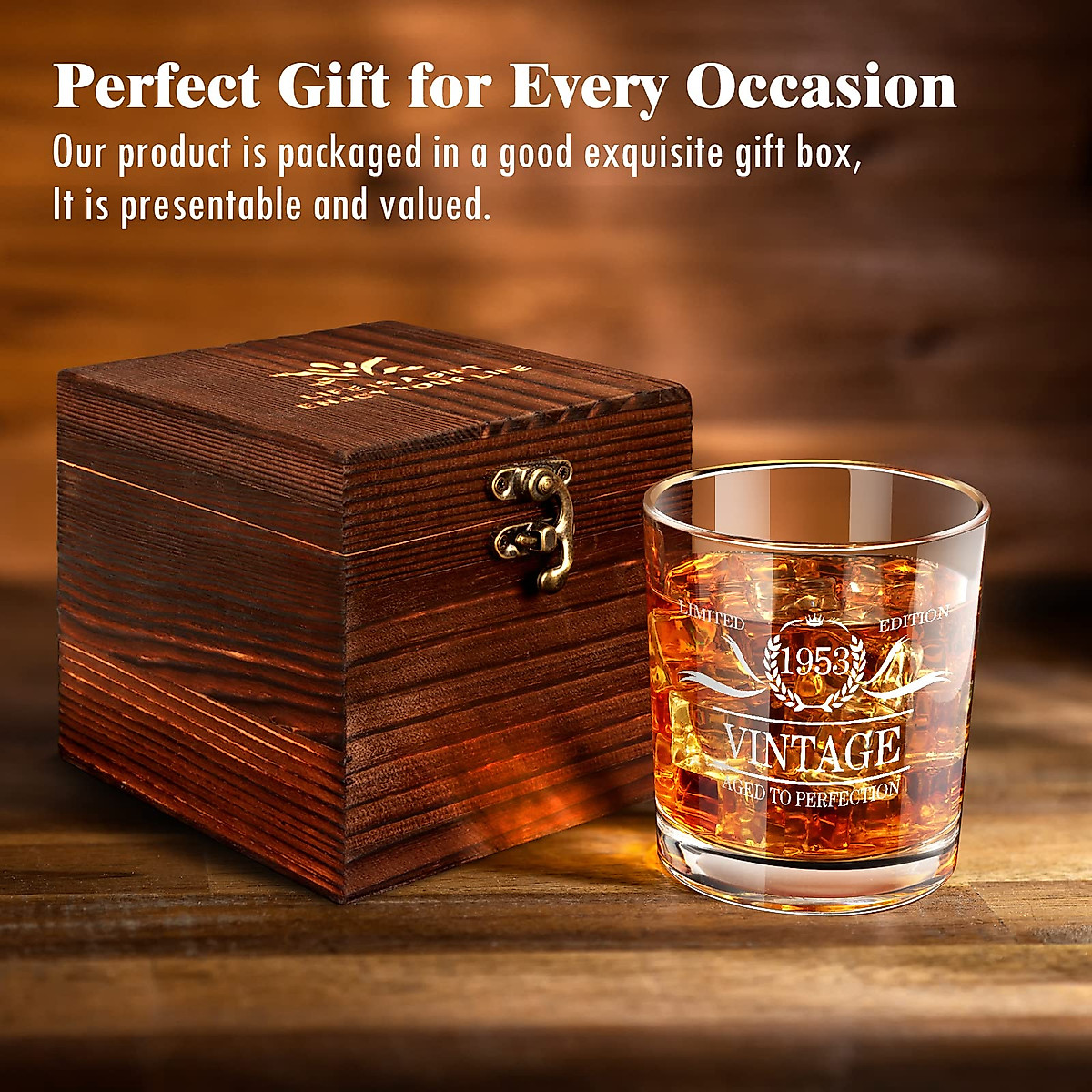 BEYOND MS 70th Birthday Gifts for Men - 70th Birthday Decorations for Men - 1953 Whiskey Glass in Valued Wooden Box - Anniversary Ideas for Him, Dad, Husband, Friends - 12oz Whiskey Glass
