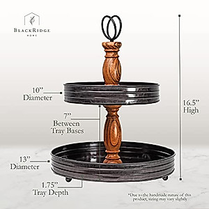 BlackRidge Home 2 Tier Tray Stand - Acacia Wood and Black Metal Two Tiered Tray Decor, Serving Tray, Farmhouse Tiered Tray for Kitchen Coffee Bar Decor, Rustic Two Tiered Galvanized Trays for Cupcake