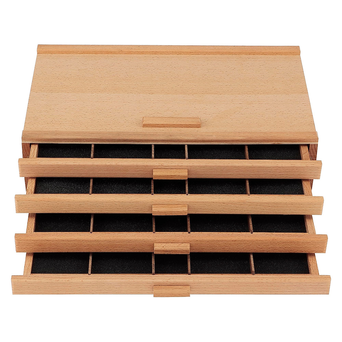 Creative Mark Pastel Storage Box, 4 Drawer Wood Art Box with Foam Lining, Sturdy & Stackable for Pastels, Artist Tools, Pens, Pencils, Paintbrushes & Makeup Brushes, Natural Finish