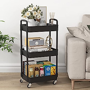 JIUYOTREE 3-Tier Rolling Storage Cart Utility Cart with Lockable Wheels for Living Room Bathroom Kitchen Office Black