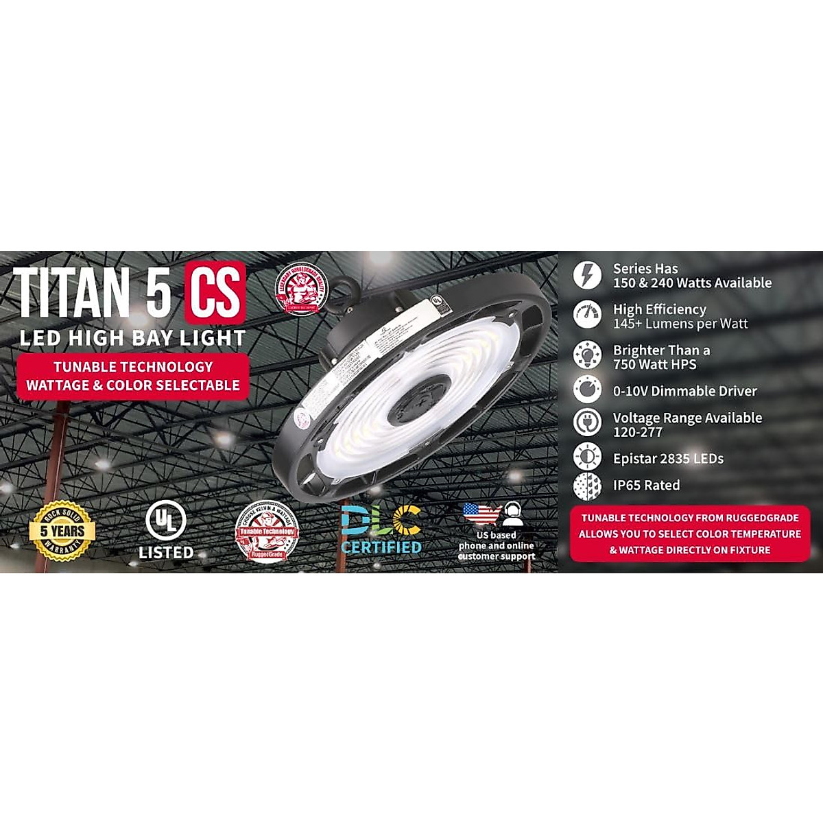 RuggedGrade 240 Watt - Titan 5 - CS Series LED High Bay UFO Light - Color Selectable on Fixture 4000K/5000K