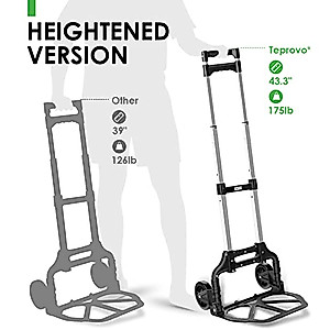 Teprovo Folding Hand Truck Dolly Extended Handle,Height 43.3in Aluminum Fold Up Dolly, Portable Hand Truck Folding Lightweight, Foldable Hand Cart 175lbs Capacity,Home, Auto, Office, Travel Use