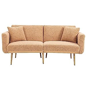 Eafurn Sherpa Teddy Futon Sofa Bed, Modern Boucle Upholstered Comfy Loveseat Couch Sleeper Sofabed with Golden Metal Legs and Throw Pillows, Small Folding Sofa&Couch for Home Office, Camel 65.35"