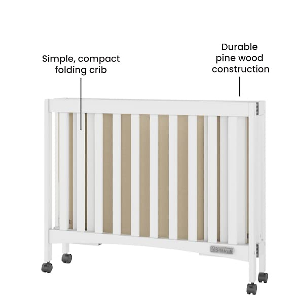 Child Craft London Mini Compact Folding Portable Crib with 2” Crib Mattress and 2 Easy Roll Locking Wheels, Durable Pine Wood Construction (Matte White)