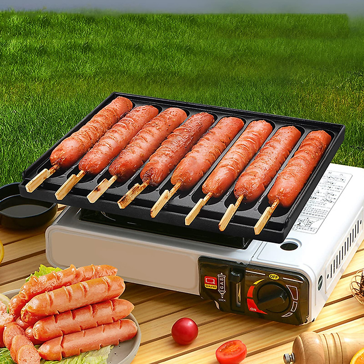 Asixxsix Cast Iron Sausage Pan, Nonstick 8 Grids Sausage Grilling Pan Smokeless BBQ Grilling Pan Hot Dog Pan for Stove Top Pre Seasoned Square Grill Pan for Turkey Sausages, Hot
