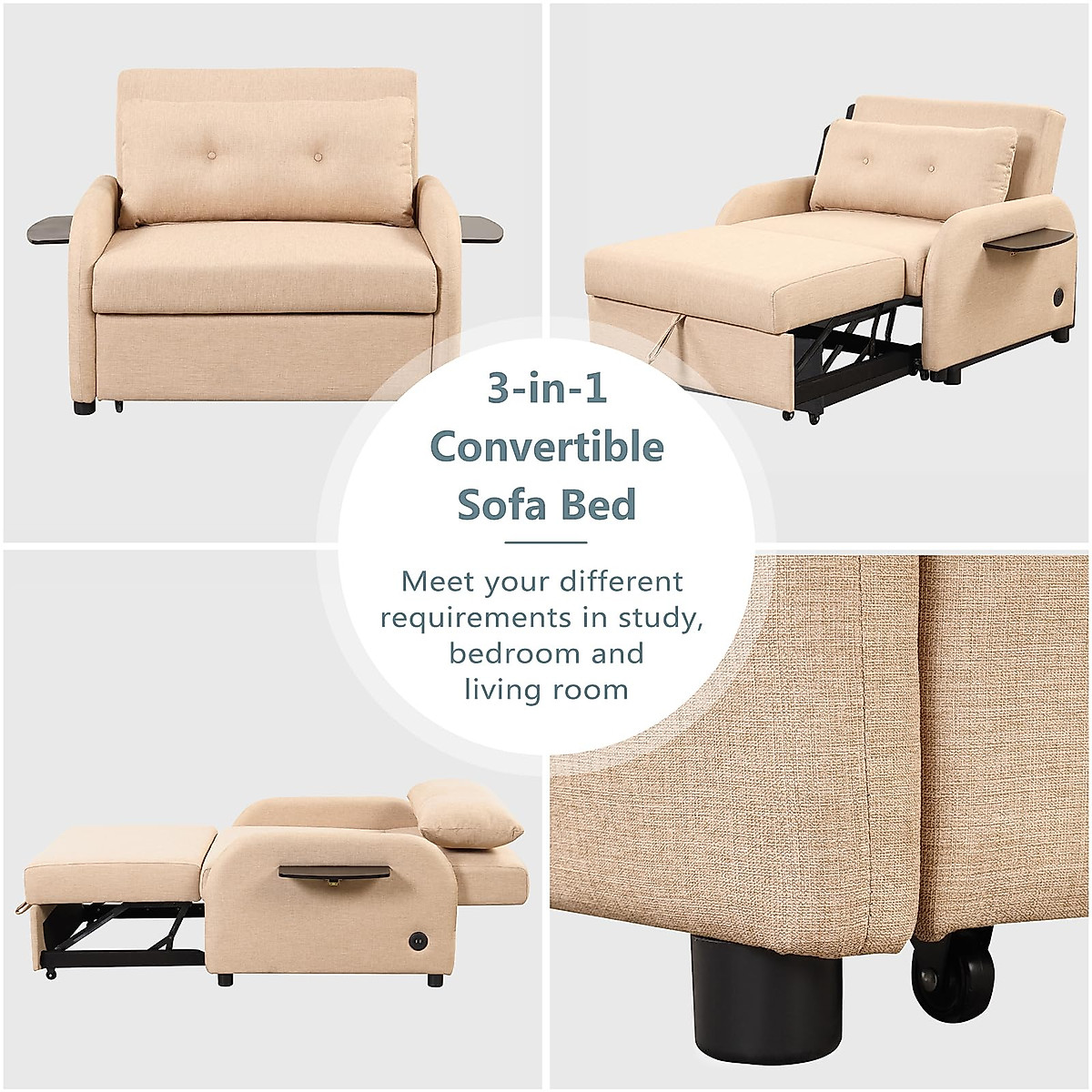NOLLAM Pull Out Sleeper Sofa Bed with 2 Wing Table and USB Charge, Linen Fabric Single Sofa Chair Bed, Convertible Sofa Chair 3-in-1, Sleeper Chair Bed for Living Room Apartment Office, Beige Couch