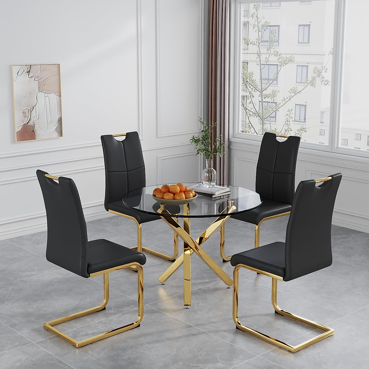 Modern Dining Table Set for 4, 5 PCS 39 Inch Round Tempered Glass Table with PU Leather Chairs for Small Living Room, Dining Room, Kitchen, Black with Gold Base