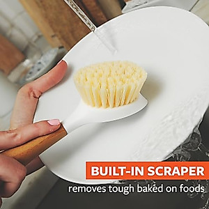 Full Circle Be Good Bamboo Handle Dish Brush – Sustainable Kitchen Cleaning with Tough Bristles - Natural Dish Scrubber & Cast Iron Cleaner - Long Handle Brush for Dishes, Pots, and Pans, White