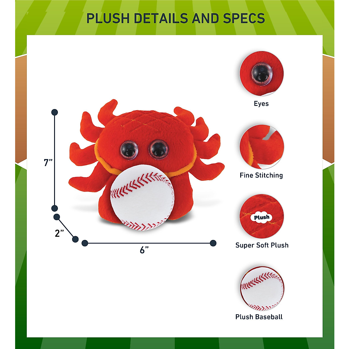 DolliBu Big-Eye Red Crab Stuffed Animal with Baseball Plush - Soft Huggable Crab, Adorable Plush Toy, Personalized Soft Plush Doll Animal Toy for Kids and Adults - 6 Inch