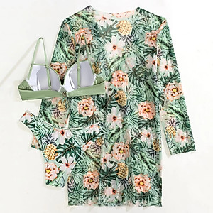 3 Piece Women's Swimsuit, Sexy Floral Printed Push Up Bikini Set with Kimono Cover Ups, High Waist Beach Wear (as1, alpha, x_l, regular, regular, Avocado Green)