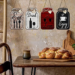 Yalikop 4 Pcs, Wall Decor Eat Drink Enjoy Love Wood Sign Mason Jar Shaped Wooden Rustic Home Decor for Home Kitchen Dining Room Bar Cafe Decor (White, Brick Red, Light Brown, Black, Retro Style)
