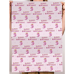 CENTRAL 23 Happy Birthday Wrapping Paper - 9 Year Old - 6 Sheets Pink Wrapping Paper - Girls Birthday Wrapping Paper - Comes With Stickers - Recyclable