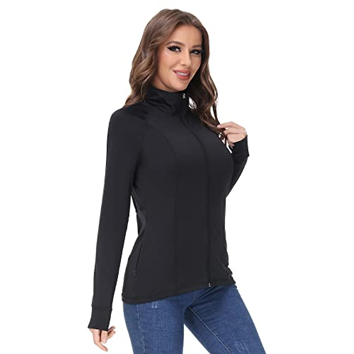 COZZIPLUS Women Workout Zip Up Running Athetic Jacket-Women Stretchy Yoga Zip Top with Thumb Holes and 2 Pockets (Black,L)