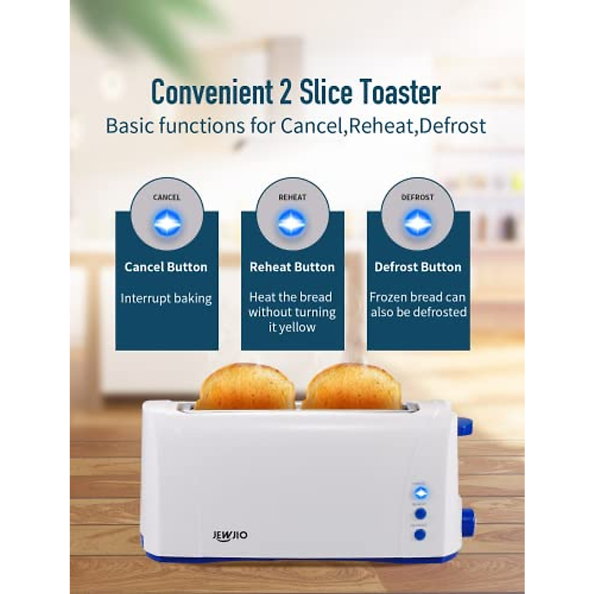 JEWJIO Long Slot White Toaster 2 Slice With Blue Buttom, 1.5” Wide Slot Best Slim 2 Slice Toaster, One Long Slot Toaster with Defrost/Reheat/Cancel/6 Bread Shade Settings/Removable Crumb Tray, Easy to Storage in Kitchen, RV, Sideboard, 1000W
