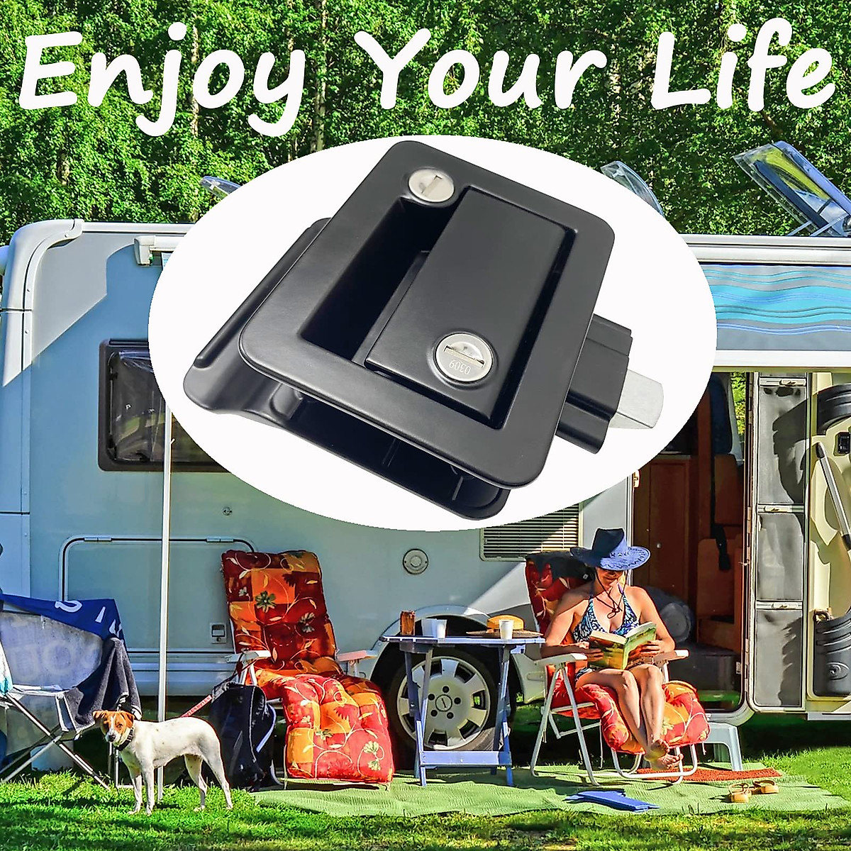 Ganlandy RV Door Latch, Black, Waterproof, Key Lock, Fits 2.5" x 3.5" to 3" x 4" Door Holes, 100% Metal