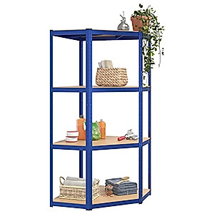 vidaXL 4-Layer Corner Shelf - Blue Galvanized Steel & Engineered Wood - Industrial Style - Ample Storage Space - Perfect for Commercial and Residential Use