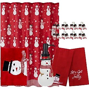 Indecor Home 17-Piece Snowman Christmas Holiday Bathroom Decoration Accessory Set | Bath Rug/Mat | Resin Soap/Lotion Pump Dispenser | Shower Curtain | 12 Resin Hooks | 2 Hand Towels | Gift Box Set