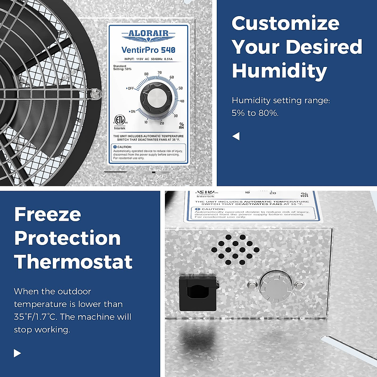 ALORAIR 540 CFM IP-55 Grade Crawlspace Ventilation Fans with Humidistat & Thermostat, 8.7 inches Basement Vent Fans with Isolation Mesh, Ventilator Fan for Crawl Space Basement Attic Garage, Exhaust