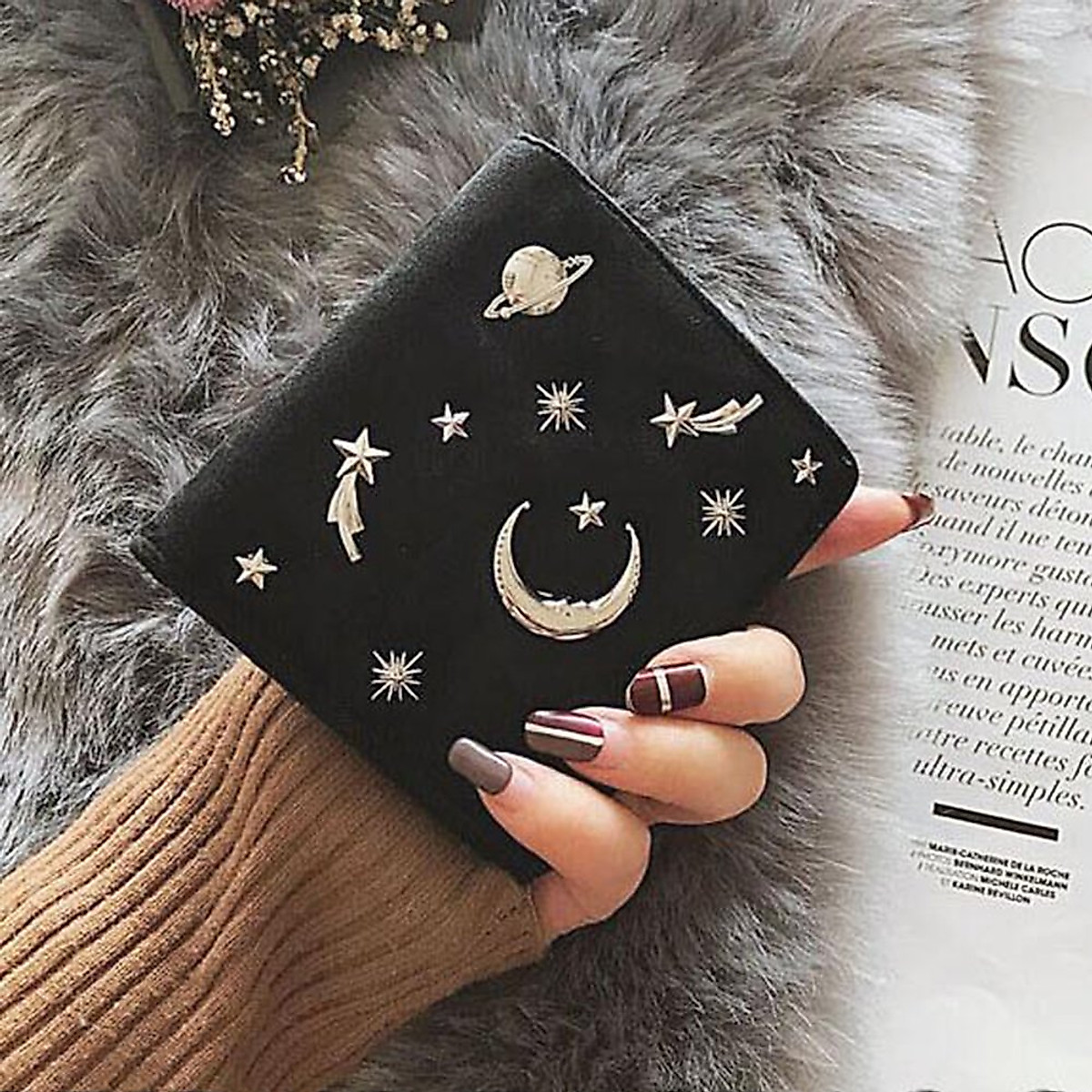 Women Velvet Starry Sky Bifold Wallet Card Holder Organizer Coin Purse with Hasp