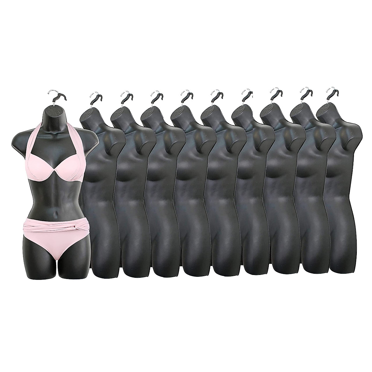 DisplayTown Black Female Mannequin Hip Long Hollow Back Body Torso Dress Form & Hanging Hook, S-M Sizes (10 Pack)