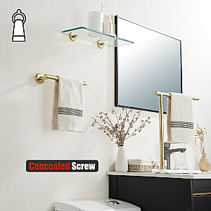 JQK Hand Towel Holder Towel Ring Gold, Thicken 0.8mm 304 Stainless Steel Bathroom Hand Towel Bar, 9 Inch Wall Mount Towel Rack Hanger, Brushed Gold, THH110L9-BG