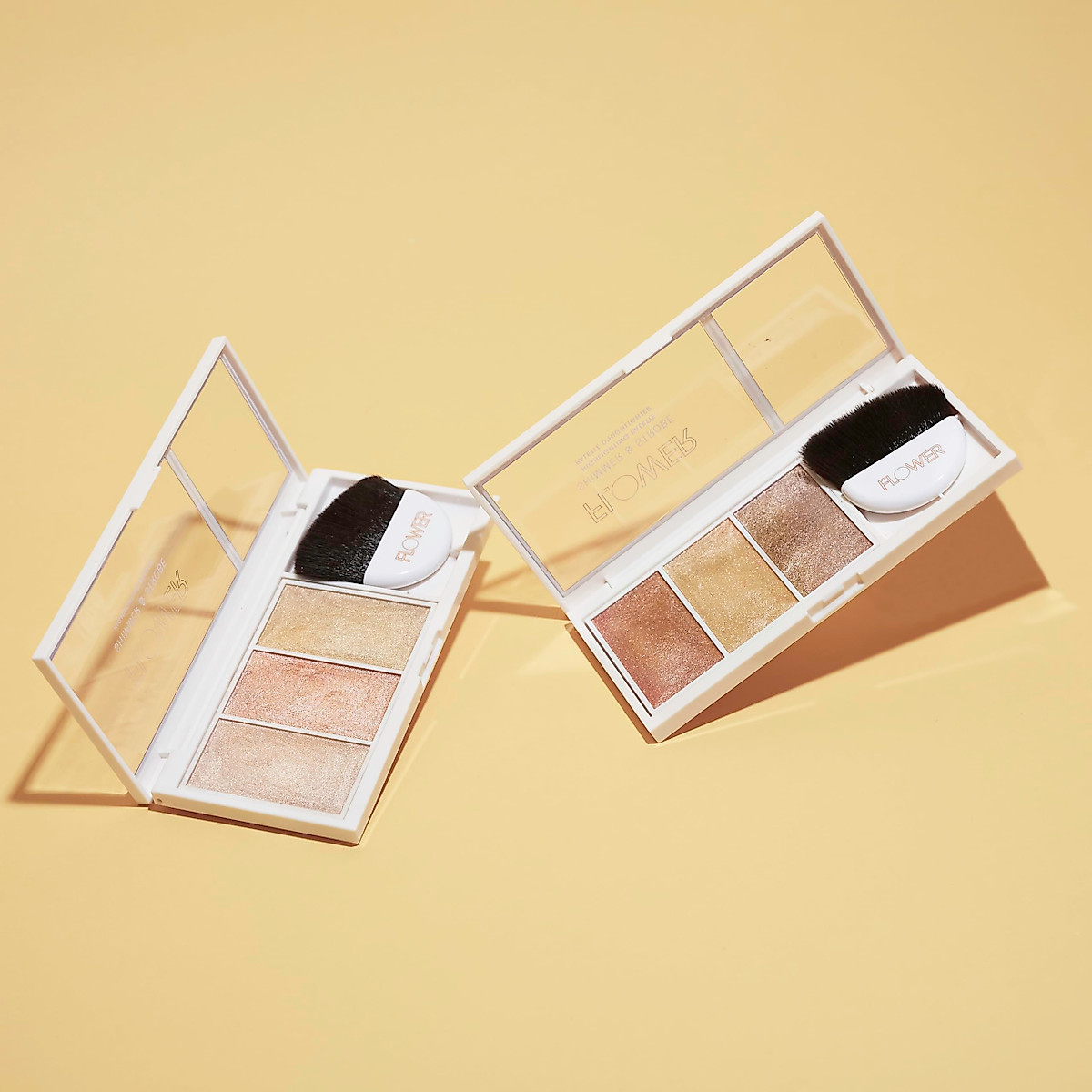 FLOWER Beauty By Drew Barrymore Shimmer + Strobe Highlighting Palette - Glowing Bronzer Powder Kit For Face + Blendable Coverage - Skintones + 3 Enhancing Colors (Strobe Brush) Included - Champagne Shimmer