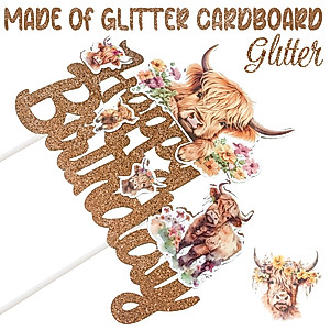 Highland Cow Happy Birthday Cake Topper Highland Cow Birthday Party Supplies Brown Glitter Highland Cow Cake Decorations for Western Cowboy Theme Birthday Party Highland Cow Baby Shower Supplies