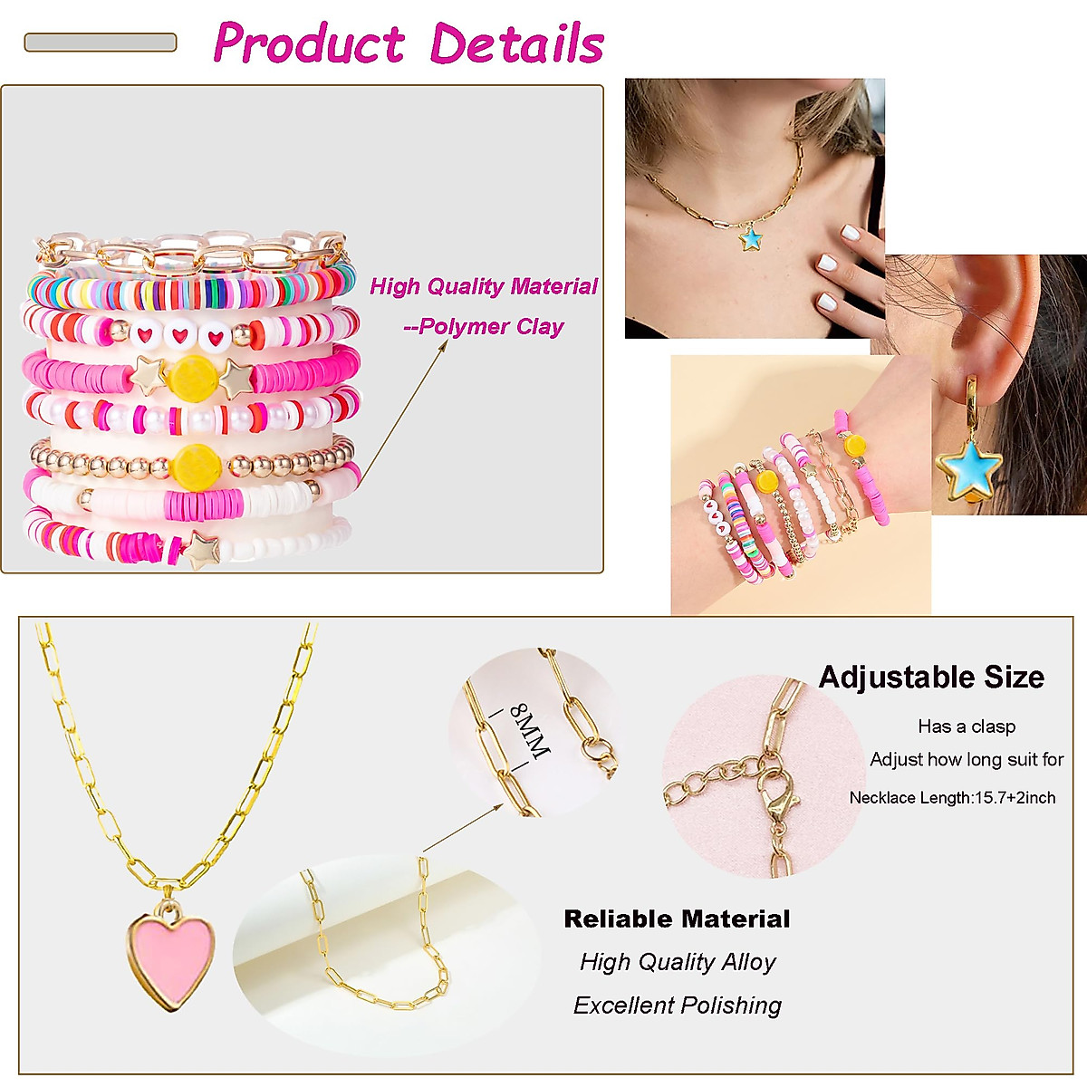 SONNYX Preppy Heishi Bracelets for Women Trendy Stuff Y2K Jewelry Clay Bracelets Cute Earrings Y2K Necklaces Beach Surfer Bohemian Bracelets Jewelry Set