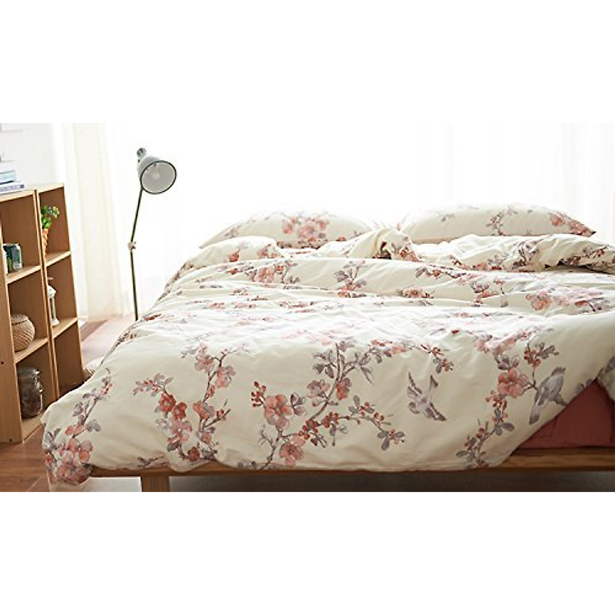 Eikei Garden Chinoiserie Floral Duvet Quilt Cover Asian Porcelain Style Tree Blossom and Birds Blue and White Watercolor Pattern 300tc Cotton Percale Bedding Set (Twin, Cream Red)