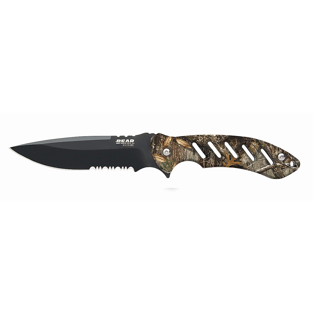 Bear Edge Brisk 1.0 Full Tang Knife, 4-7/8” 440 High Carbon Black Stainless Steel Partial Serrated Blade, Camo Handle with Ballistic Sheath (61515)