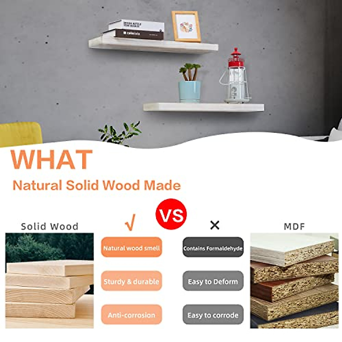 2 Pack 16" Solid Cedar Wood Floating Shelves, Brushed Finish, Wall Mounted for Home Living Room Bathroom