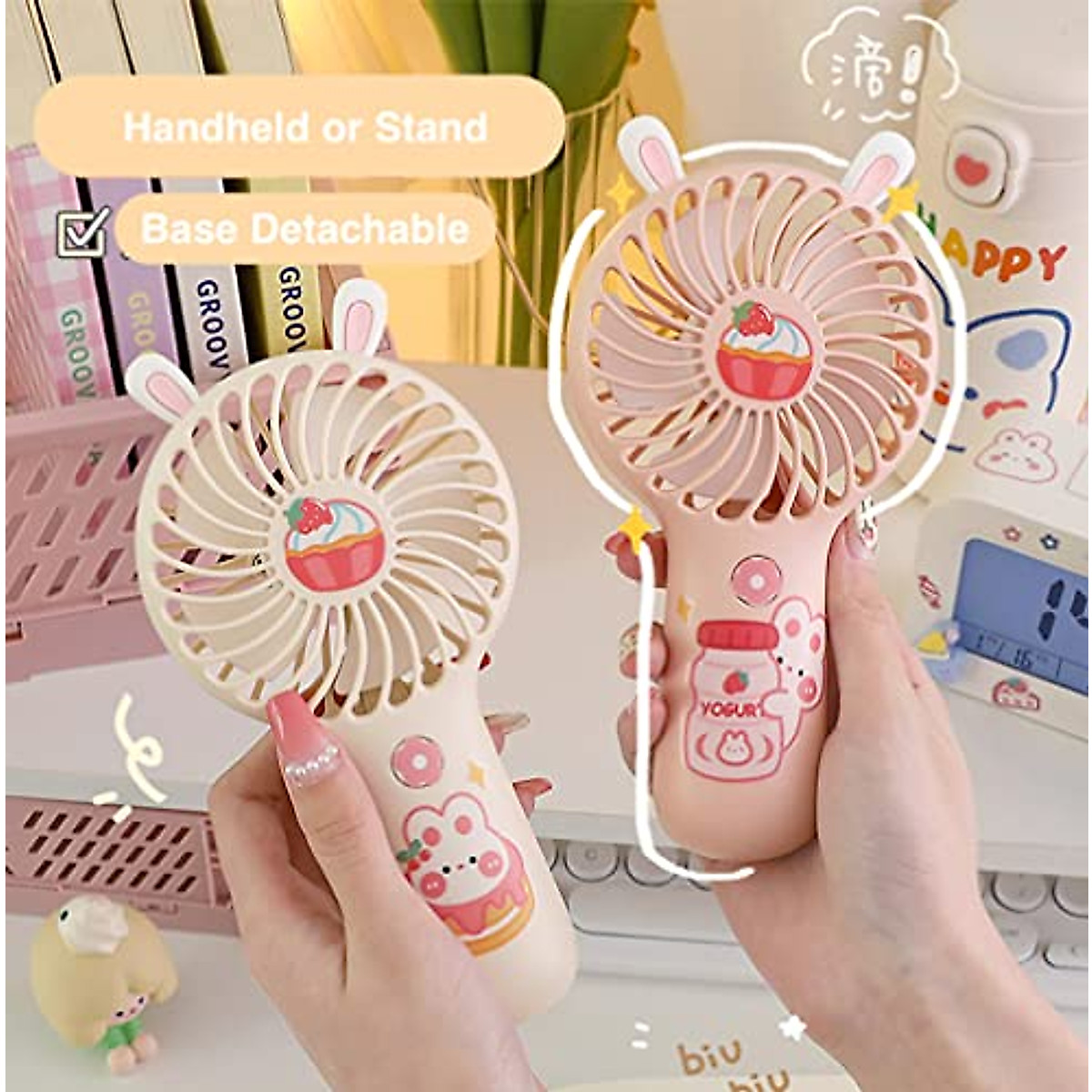 Kawaii Portable Fan with Stickers Kawaii Handheld Fan Kawaii Desk Fan with Standing Base Cute Small Personal Cooling Fan for Girls Room USB Power Rechargeable Fan Quiet Adjustable Airflow (Beige Bunny)