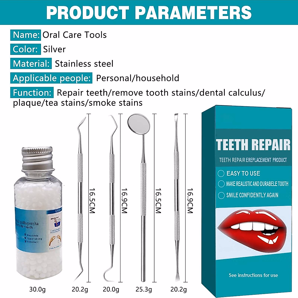 Ganbaro Moldable False Teeth, Teeth Repair Kit, Tooth Repair Granules, Temp Tooth Beads with 4 Dental Tools, Snap On Instant and Confident Smile