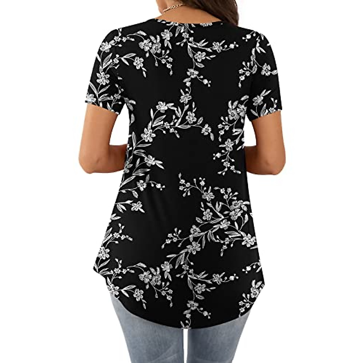 BISHUIGE Women's Casual Loose Short Sleeves Tunic Tops Lace Panel Pleated T-shirts Blouses with Leggings, M, Carved White - Black