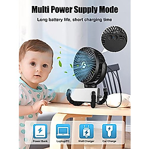 Stroller Fan, 12000mAh Rechargeable Fan Portable, Battery Operated Fan, Baby Car Seat Fan with Timming, Low Noise, Flexible Tripod, Personal Small Fans For Stroller, Office, Beach, Bed, Camping
