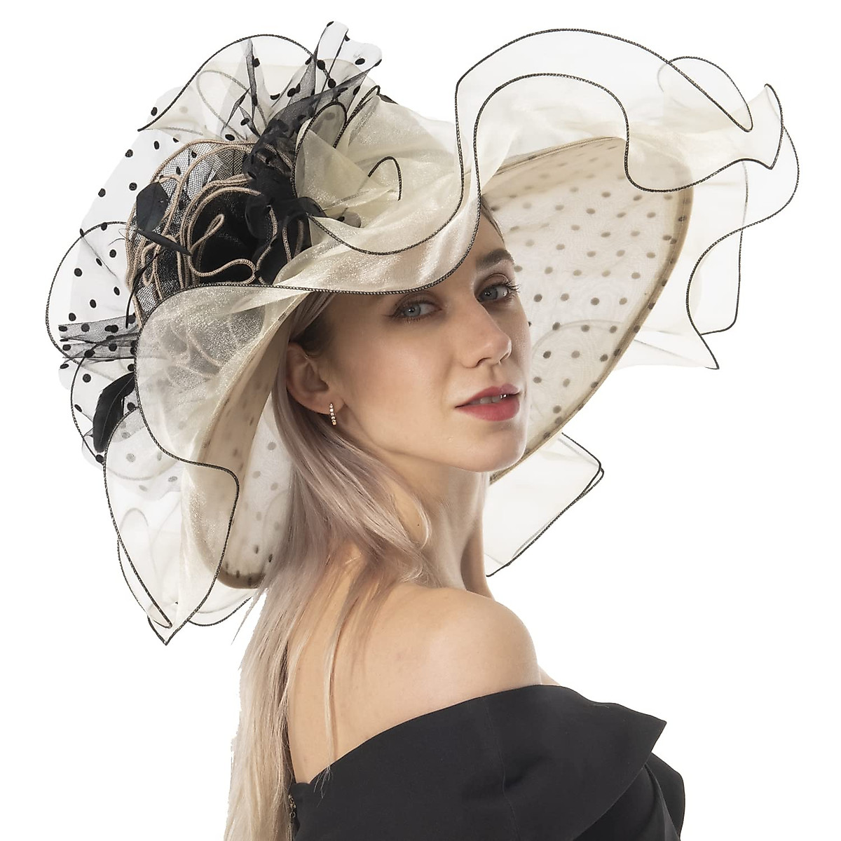 Women's Organza Church Hat Bridal Tea Party Wedding Tea Party Sun Hat with Detachable hat Flower as Headgear Beige