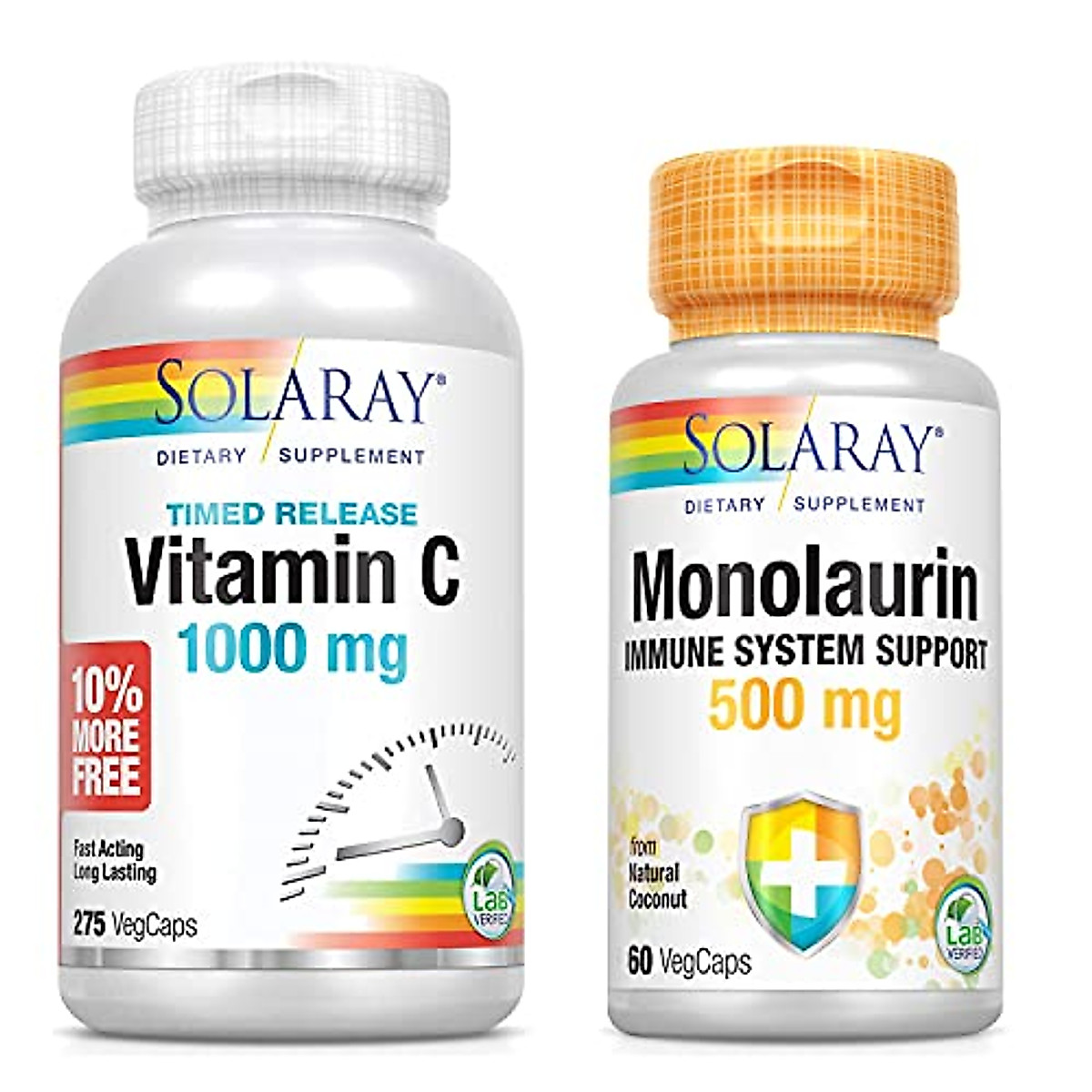 SOLARAY Timed Release Vitamin C 1000mg & Monolaurin 500mg Bundle | Powerful Immune & Gut Health Support | 275ct, 60ct
