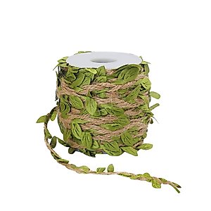 Tenn Well Burlap Leaf Ribbon, 66 Feet 5mm Natural Jute Twine Ribbon with Artificial Leaves for Crafts, Wedding, Jungle Safari Party, Home Decorations