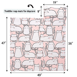 Rossison Nap Mat with Pillow and Blanket 100% Cotton with Microfiber Fill, Padded Sleeping Mat, for Daycare Preschool Toddler Prek Boys Girls Kids (Pink White Cat, Extra Long-56"x20")
