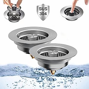 2 Pcs 3 in 1 Kitchen Sink Drain Strainer,Stainless Steel & Brass Pop Up Sink Stopper,for Us Standard 3-1/2 Inch Sink Bounce Core Drain Strai