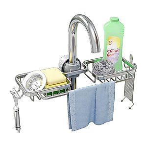 Sponge Holder for Kitchen Sink, Soap Dishcloth Brush Sink Caddy Drain Rack Aluminum Organizer for Kitchen Bathroom Accessories Compatible with Faucets 0.8-1.1 Inches in Diameter