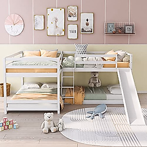 L Shaped Bunk Bed for 4, Wooden Quad Bunk Bed with Slide, Full Over Full Bunk Bed with Twin Over Twin Bunk Bed Attached for Kids Girls Boys - White