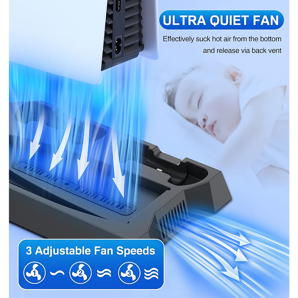 PS5 Stand with Cooling Station PS5 Controller Charging Station for Playstation 5 PS5 Console Edition, PS5 Accessories-Cooler Fan/Remote Charger/Headset Holder(Not Fit 2023 PS5 Slim Disc/Digital)