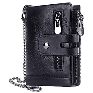 gzcz Mens Wallet with Chain RFID Blocking Genuine Leather Bifold Purse for Men with ID Window and Zip Coin Pocket, Black