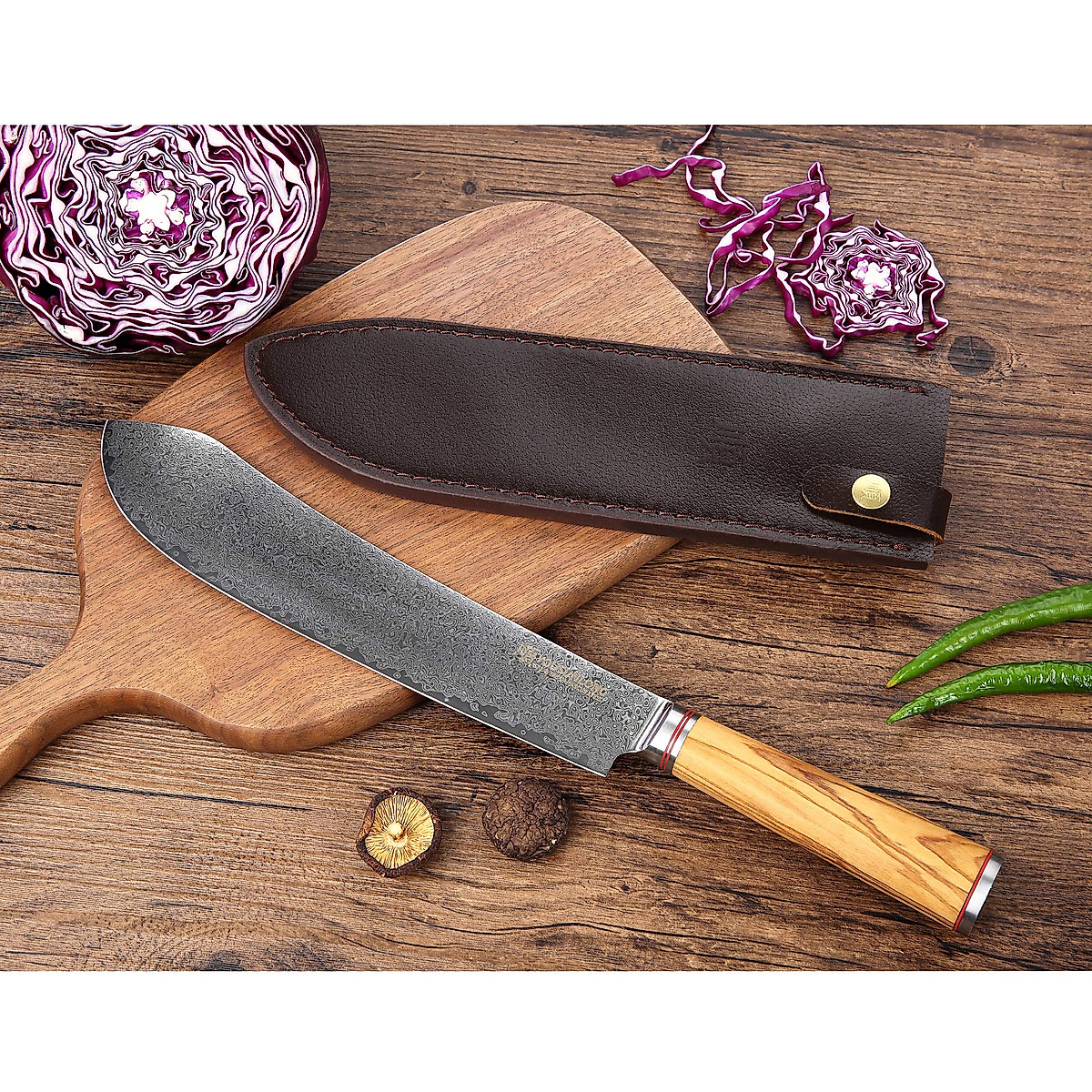 YOUSUNLONG Breaking Knife Bull Nose Pro Butcher Knife 10 Inch Japanese Damascus Steel Italian Olive Wood Handle with Leather Sheath